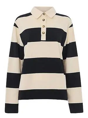 Whistles Striped Long-sleeve Cotton Polo - Cream
