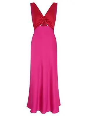 OMNES Maggy V-neck Satin Midi Dress - Pink/red