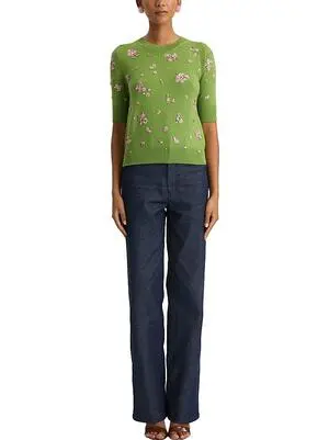 Oscar De La Renta Wool Floral Cluster Elbow Sleeve Sweater - Green/pink