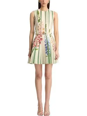 Oscar De La Renta Sleeveless Pleated Floral Dress - Green Multi