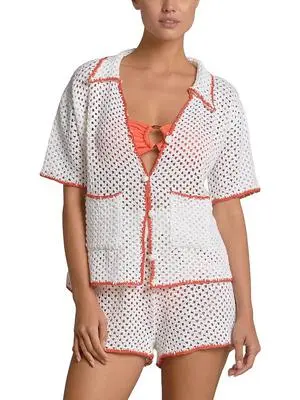 Elan Contrast Button-front Swim Cover Up Shirt - White