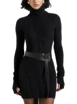 Manière De Voir Kalia Turtleneck Belted Knitted Mini Dress - Black