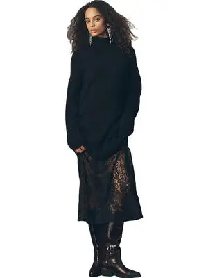 Anthropologie Sweater Lace Twofer Midi Dress - Black Onyx