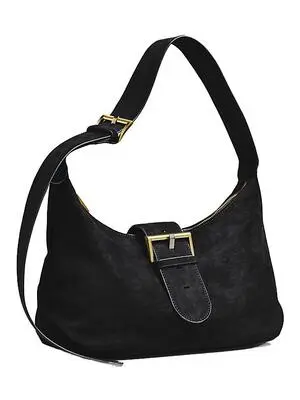 Anthropologie Faux Suede Slouchy Shoulder Bag With Buckle Detail - Black