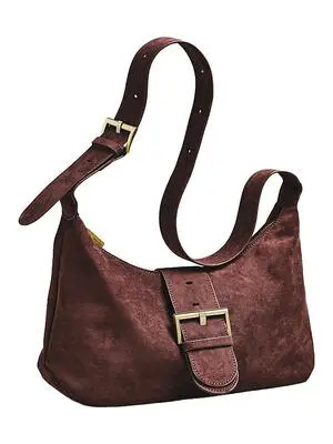 Anthropologie Faux Suede Slouchy Shoulder Bag With Buckle Detail - Chocolate