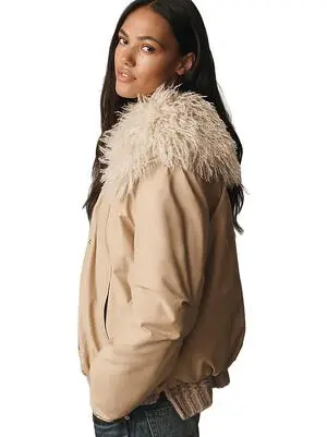 PILCRO Faux Fur Collar Bomber Jacket - Stone