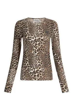 GANNI Soft Cotton Rib Long Sleeve Top - Leopard