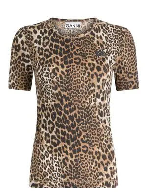 GANNI Soft Cotton Rib Short Sleeve T-shirt - Leopard