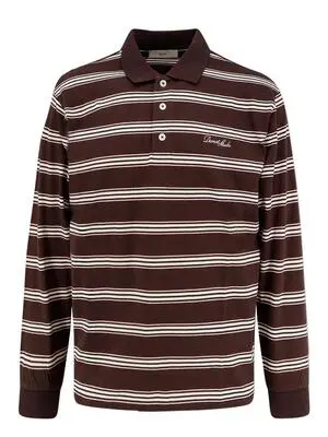 DUNST Striped Cotton Polo Shirt - Brown