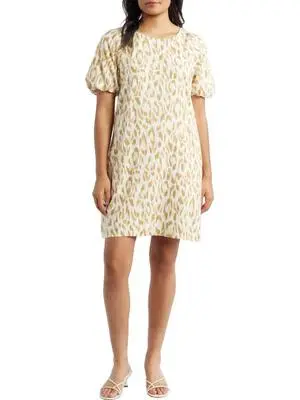 TOMMY BAHAMA Cheetah Cove Puff Sleeve Linen Blend Shift Dress