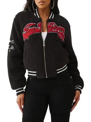 True Religion Varsity Chenille Bomber Jacket Jet Black