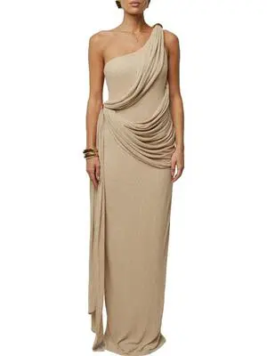 JLUXLABEL Drape One-Shoulder Gown Beige