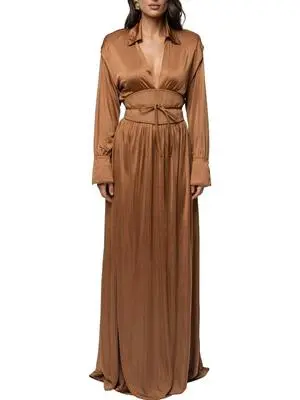 JLUXLABEL Collared Long Sleeve Satin Gown - Beige