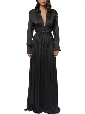 JLUXLABEL Collared Long Sleeve Satin Gown - Black
