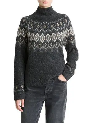 Vince Donegal Fair Isle Cashmere Mock Neck Sweater - Heather Charcoal Combo