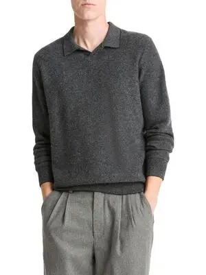 Vince Boiled Cashmere Johnny Collar Sweater - Black/medium Heather Grey