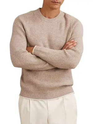 REISS Crammond Ribbed Crewneck Sweater - Oatmeal Brown