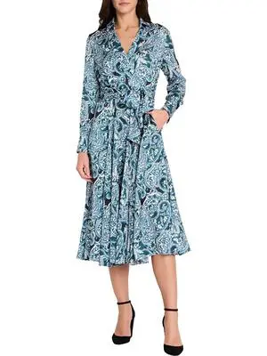 TAHARI ASL Tie Belt Paisley Print Shirtdress - Teal