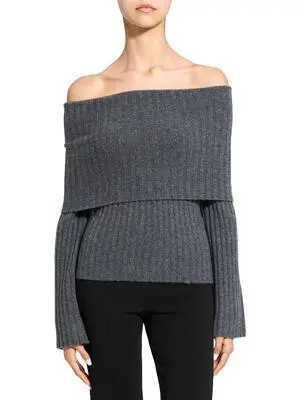 Theory Off-the-shoulder Bell Sleeve Merino Wool-blend Sweater - Charcoal