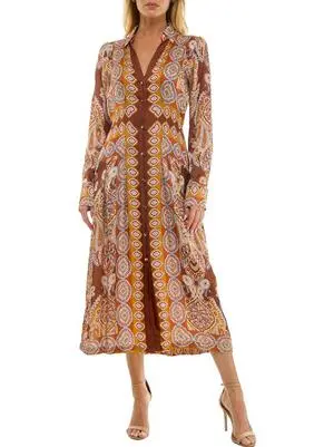 SOCIALITE Printed Long Sleeve Midi Shirtdress - Rust/brown