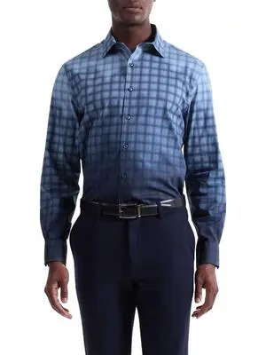 Bugatchi Julian Shaped Fit Gradient Check Stretch Button-up Shirt - Cobalt
