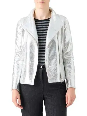 Akris Metallic Faux Leather Moto Jacket - Aluminium