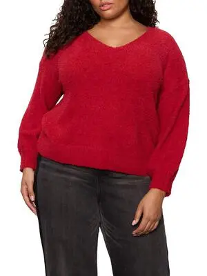Sanctuary Teddy Fleece V-neck Sweater - Cherry Lacquer Red