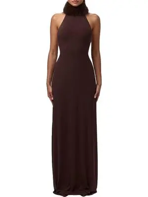 Naked Wardrobe Halter Maxi Dress With Removable Faux Fur Collar - Dark Chocolate