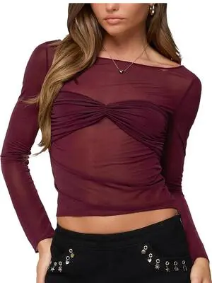 EDIKTED Sheer Gathered Long Sleeve Top - Burgundy