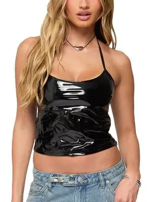EDIKTED Vinyl Halter Top - Black