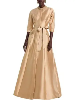 Rickie Freeman For Teri Jon Mikado Bead Collar Gown - Gold