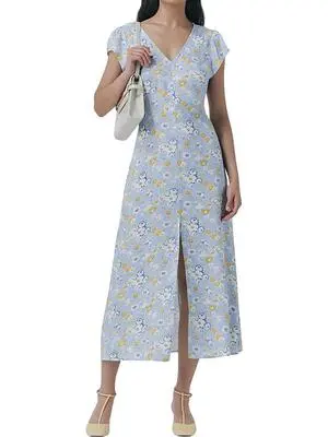 GHOST LONDON Blair Crepe Floral Midi Dress - Blue Country Flowers