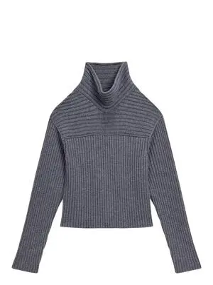 Theory Wool Ribbed Mock Neck Sweater - Dark Grey Melange