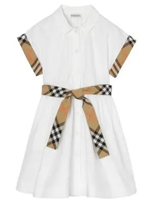 Burberry Check Trim Cotton Shirt Dress - White