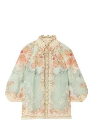 Zimmermann Daylight Scalloped Printed Ramie Blouse Blue