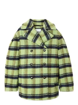 GANNI Oversized Checked Brushed-wool Coat - Green