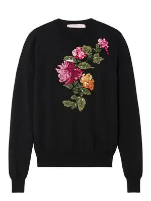 Carolina Herrera Embroidered Silk And Cotton-blend Sweater - Black
