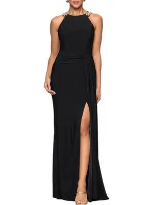 XSCAPE EVENINGS Chain Neck Detail Sheath Gown - Black/gold