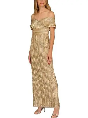 AIDAN MATTOX Beaded Off-the-Shoulder Gown