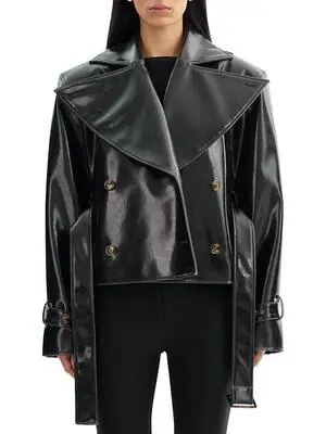 LAMARQUE Belted Faux Leather Jacket - Black