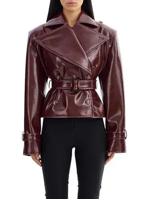 LAMARQUE Belted Faux Leather Jacket - Bordeaux