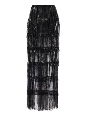 Nina Ricci Fringed Sequined Tulle Maxi Skirt - Black