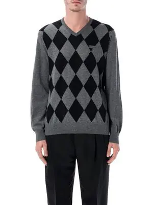 FERRAGAMO Virgin Wool Argyle V-neck Sweater - Grey