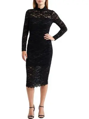 Vince Camuto Lace Long Sleeve Body-con Midi Dress - Black