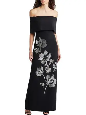 Vince Camuto Metallic Sequin Floral Embroidered Strapless Gown - Black