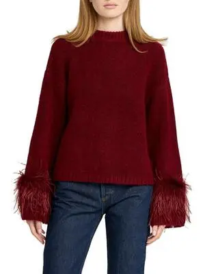 WAYF Feather Trim Mock Neck Sweater - Burgundy