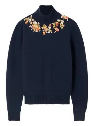 Bally Bead-embellished Embroidered Wool Turtleneck Sweater - Blue