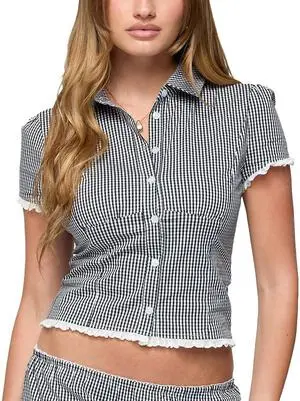 EDIKTED Paige Gingham Tailored Button Up Shirt - Black-and-white