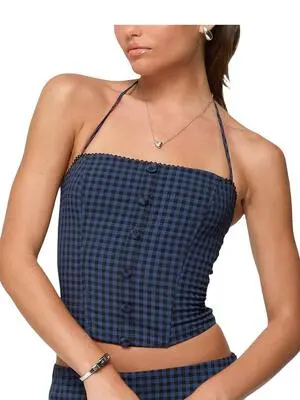 EDIKTED Winsley Gingham Halter Corset - Blue-and-black