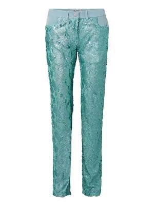 SIEDRES Sun Denim-trimmed Sequined Tulle Straight-leg Pants - Turquoise
